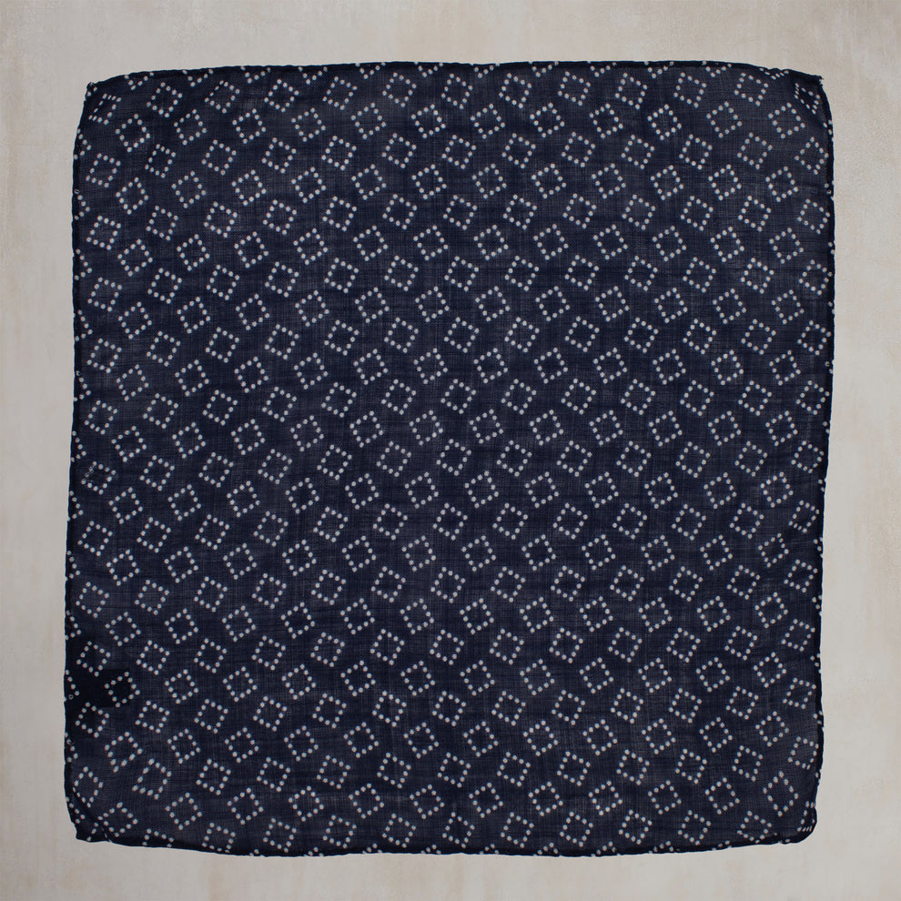 Wool And Silk Pocket Square with Dotted Squares in Navy